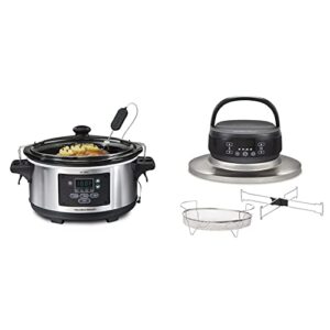 hamilton beach portable 6-quart set & forget digital programmable slow cooker, stainless steel & air fryer lid, fits 6 quart oval slow cooker crock, black