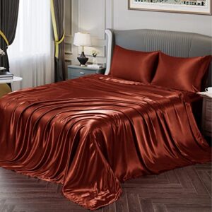 cotton home depot king size soft satin bed sheets burnt orange satin sheet set, 15″ deep pocket fitted sheet + 1 flat sheet + 2 pillowcases