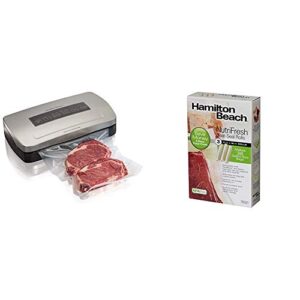 hamilton beach nutrifresh vacuum sealer machine with bag cutter, silver (78220) & hamilton beach vacuum sealer, (3-pack) 11 in x 16 ft rolls (78321)