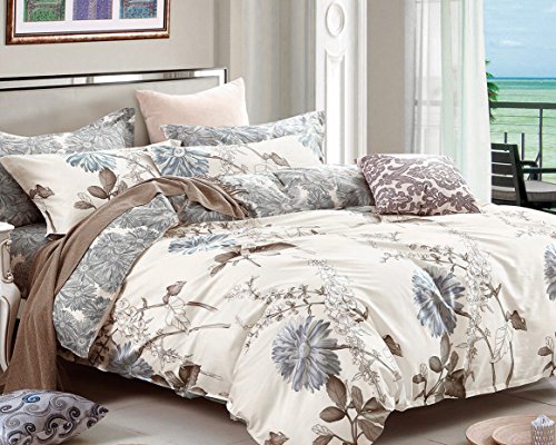 Swanson Beddings Daisy Silhouette Reversible Floral Print 3-Piece 100% Cotton Bedding Set: Duvet Cover and Two Pillow Shams (Full)