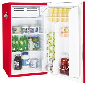 Frigidaire Retro Bar Fridge Refrigerator with Side Bottle Opener, 3.2 cu. ft, Red & Galanz GLCMKZ09RDR09 Retro Countertop Microwave Oven with Auto Cook & Reheat, Defrost, 0.9 cu ft, Red