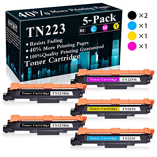 5-Pack (2BK+C+M+Y) Cartridge TN223BK,TN223C,TN223M,TN223Y Toner Cartridge Replacement for Brother MFC-L3770CDW L3710CW L3750CDW L3730CDW HL-3210CW 3230CDW 3270CDW 3290CDW DCP-L3510CDW L3550CDW Printer