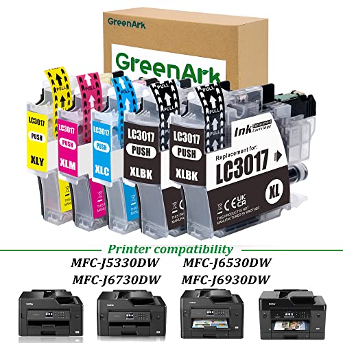 GreenArk Compatible Ink Cartridges Replacement for Brother LC3017XL LC-3017XL (BK/C/M/Y) High Yield Color Ink 5-Pack Work with Brother MFC-J6930DW MFC-J5330DW MFC-J6530DW MFC-J6730DW Printers