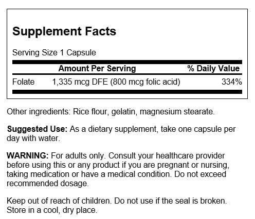 Swanson Folic Acid 800 mcg (1Vitamin 335 mcg Dfe Folate) 250 Capsules (3 Pack)