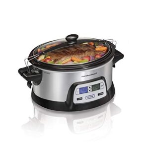 hamilton beach 33861 portable programmable slow cooker, dishwasher safe crock, 6 qt, flexcook dual digital timer/2 heat settings, lid lock for easy travel, silver