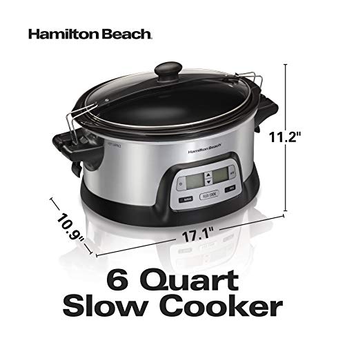 Hamilton Beach 33861 Portable Programmable Slow Cooker, Dishwasher Safe Crock, 6 Qt, FlexCook Dual Digital Timer/2 Heat Settings, Lid Lock for Easy Travel, Silver