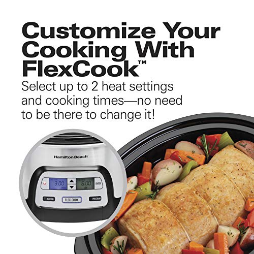 Hamilton Beach 33861 Portable Programmable Slow Cooker, Dishwasher Safe Crock, 6 Qt, FlexCook Dual Digital Timer/2 Heat Settings, Lid Lock for Easy Travel, Silver