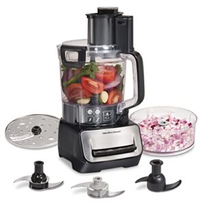 hamilton beach stack & snap food processor and vegetable chopper, bpa free, stainless steel blades, 14 cup + 4-cup mini bowls, 3-speed 500 watt motor, black (70585)