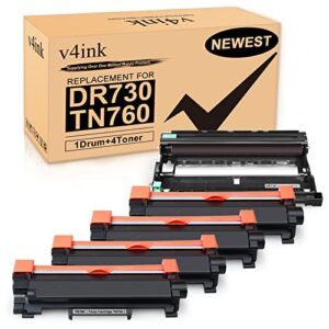 v4ink compatible dr-730 drum and tn-760 toner cartridge set replacement for brother dr730 tn760 tn730 for use with hl l2325dw l2350dw l2370dw mfc l2690dw l2710dw l2717dw (1 dr730 drum+ 4 tn760 toner)