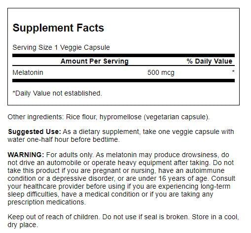 Swanson Melatonin 500 mcg 60 Veg Capsules (2 Pack)