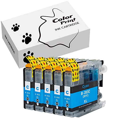 (5-Pack, 5xCyan) ColorPrint Compatible LC203XL Ink Cartridge Replacement for Brother LC203 XL LC-203XL fit for MFC-J4420DW MFC-J4620DW MFC-J5520DW MFC-J5620DW MFC-J5720DW MFC-J480DW MFC-J880DW Printer