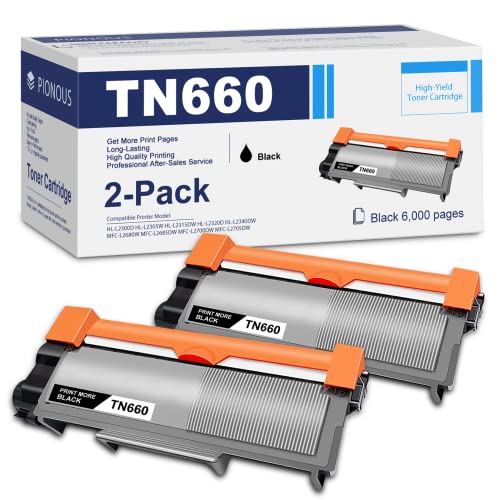 PIONOUS Twin Pack TN-660 TN660 High Yield Toner Cartridge Black: 2 Pack tn630 tn660 Toner Cartridge Replacement for Brother MFC-L2700DW HL-L2380DW DCP-L2540DW Printer (TN6602PK, Up to 6,000 Yield)…