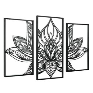 putuo decor large metal mandala wall decor, 3 pieces lotus flower hanging wall art, meditation decor for yoga studio | bedroom | office | living room | indoor and outdoor decor, black