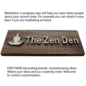 FIREFLYWEB The Zen Den signs Room Decor Meditation in Progress Wall Hanging Sign with Hooks Inspirational Wooden Door Plaque for Yoga Studio Bedroom Decoration (Brown)