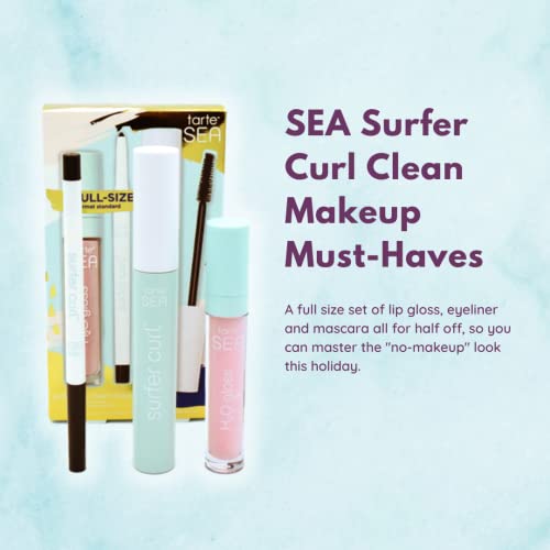 Tarte Cosmetics Tarte Sea Surfer Curl Clean Must-Haves Makeup Set, Sea Surfer Curl Black Volumizing Mascara, Waterproof Gel Black Eyeliner, Sea H20 Lip Gloss in Calm - Sheer Pale Pink 3 Piece Set