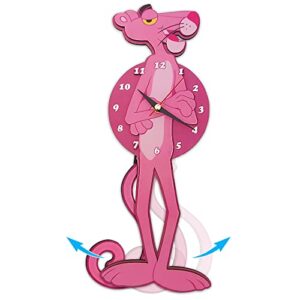 cleris art studio the pink panther pendulum wall clock, pink panther wagging tail, swinging tail clock, kids wall clock, kids analog clock, schoolroom clock.