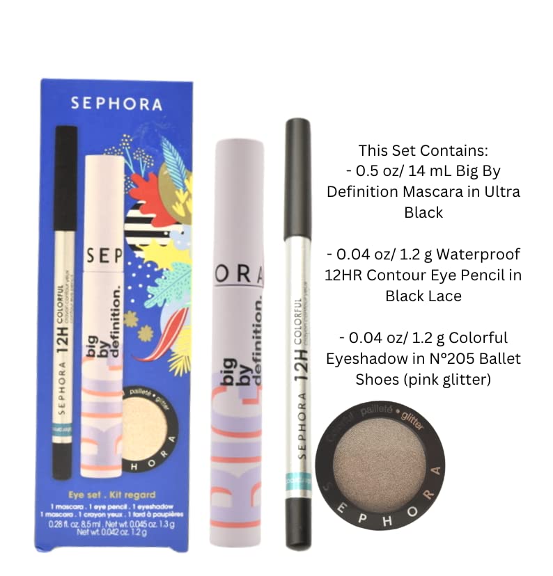 Sephora Collection Wishing You Eye Makeup Holiday Gift Set:: Big By Definition Mascara in Ultra Black, Waterproof 12HR Contour Eye Pencil in Black Lace, and Colorful Eyeshadow in N°205 Ballet Shoes (Pink Glitter)