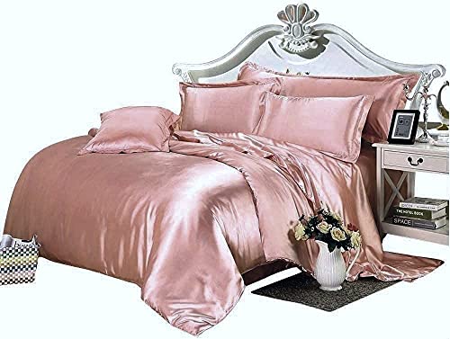 Queen Comforter - 5 Pieces Satin Queen Size Comforter Set (Comforter + Flat + Fitted 14'' + 4 Pillowcases) 400 GSM Salmon Comforter Duvet Insert Satin Comforter Set with Sheets