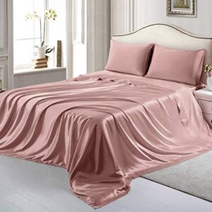 Queen Comforter - 5 Pieces Satin Queen Size Comforter Set (Comforter + Flat + Fitted 14'' + 4 Pillowcases) 400 GSM Salmon Comforter Duvet Insert Satin Comforter Set with Sheets