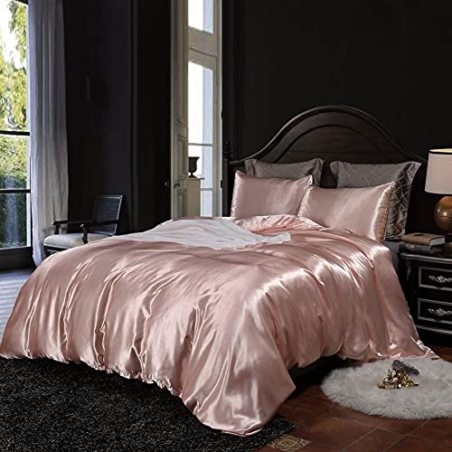 Queen Comforter - 5 Pieces Satin Queen Size Comforter Set (Comforter + Flat + Fitted 14'' + 4 Pillowcases) 400 GSM Salmon Comforter Duvet Insert Satin Comforter Set with Sheets