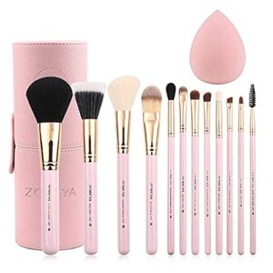 zoreya makeup brush set 12pcs pink synthetic makeup brushes travel set with holder makeup brush organizer foundation powder contour blush eye cosmetic brush sets in case with bonus gift makeup sponge