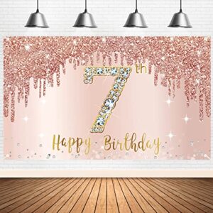 happy 7th birthday banner backdrop decorations for girls, rose gold 7 year old birthday party sign supplies, pink seventh birthday poster background photo booth props decor