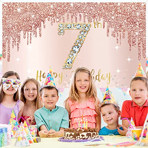 Happy 7th Birthday Banner Backdrop Decorations for Girls, Rose Gold 7 Year Old Birthday Party Sign Supplies, Pink Seventh Birthday Poster Background Photo Booth Props Decor