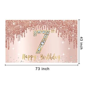 Happy 7th Birthday Banner Backdrop Decorations for Girls, Rose Gold 7 Year Old Birthday Party Sign Supplies, Pink Seventh Birthday Poster Background Photo Booth Props Decor