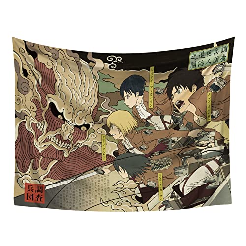 DigiTizerArt Japanese Ukiyoe Style Tapestry Wall Hanging, Japanese Samurai Ghost Yorimitsu And 4 Samurai Exterminated Monsters On Oe Mountain” Style Tapestries for Bedroom Home Decor Multi Color (JapaneseStyle-E)