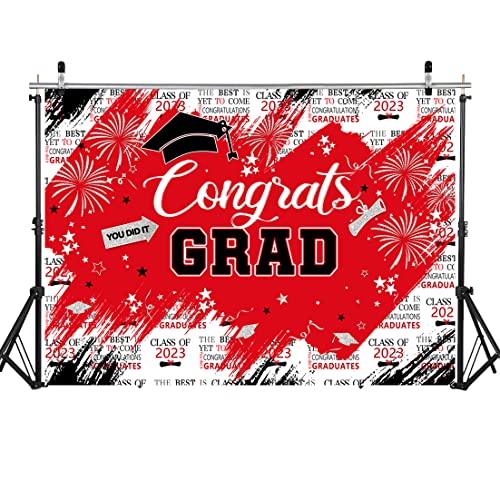 LYCGS 7X5ft Graduation Backdrop Congrats Grad Red and Silver Graduation Photo Backdrop 2023 Graduation Photography Backdrops Graduation Prom Party Decor Banner X-119