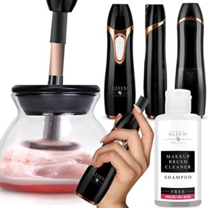 electric makeup brush cleaner machine with free makeup cleaner shampoo – automatic makeup brush washing machine and spinning dryer with rubber collars – clean, rinse and dry in seconds