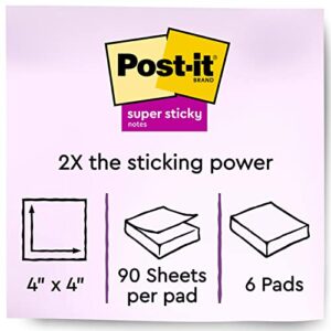 Post-it Super Sticky Notes, 4x4 in, 6 Pads, 2x the Sticking Power, Supernova Neons, Bright Colors, Recyclable (675-6SSMIA)