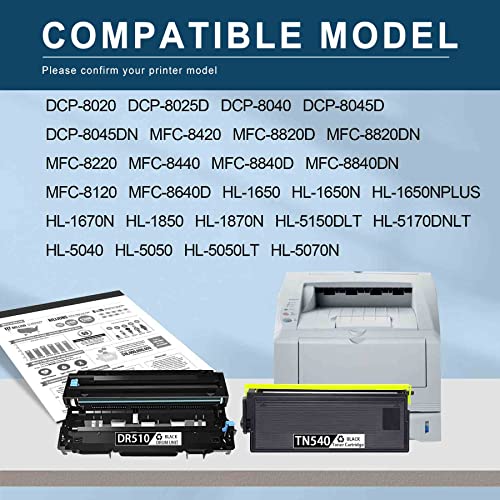 MITOCOLOR TN540 Toner Cartridge and DR510 Drum Unit Replacement for Brother TN540 DR510 TN-540 DR-510 for HL-5040 HL-5140 HL-5170DN MFC-8220 MFC-8440 MFC-8840D MFC-8640D Printer (2 Toner+ 1 Drum)