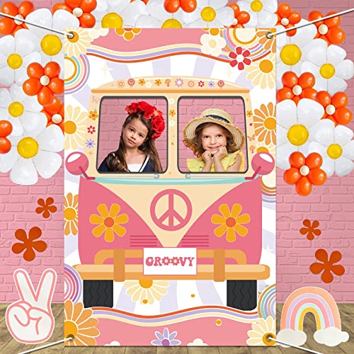 Hippie Photo Booth Props, Hippie Bus Prop Groovy Bus Photo Booth for 60'S 70'S Party, Hippie Party Decorations, Daisy Bus Photo Prop Two Groovy Birthday Decor, Groovy Photo Booth Frame - 59 × 39.4 in