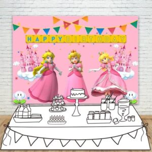 princess peach birthday party banner 7×5 vinyl princess peach birthday decorations supplies photography backdrop cake table decor poster photo stuido background mario princess decor