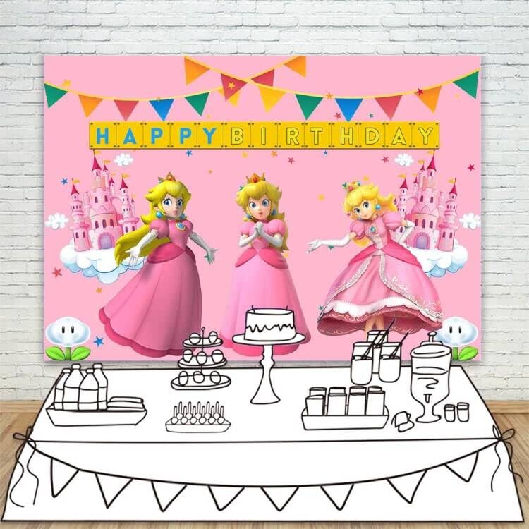 Princess Peach Birthday Party Banner 7x5 Vinyl Princess Peach Birthday Decorations Supplies Photography Backdrop Cake Table Decor Poster Photo Stuido Background Mario Princess Decor