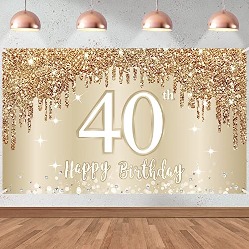 Happy 40th Birthday Banner Backdrop Decorations for Women, Gold White 40 Birthday Sign Party Supplies, Forty Year Old Birthday Photo Booth Background Poster Decor(72.8 x 43.3 Inch)