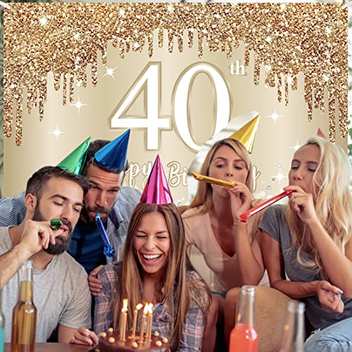 Happy 40th Birthday Banner Backdrop Decorations for Women, Gold White 40 Birthday Sign Party Supplies, Forty Year Old Birthday Photo Booth Background Poster Decor(72.8 x 43.3 Inch)