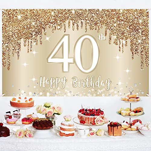 Happy 40th Birthday Banner Backdrop Decorations for Women, Gold White 40 Birthday Sign Party Supplies, Forty Year Old Birthday Photo Booth Background Poster Decor(72.8 x 43.3 Inch)