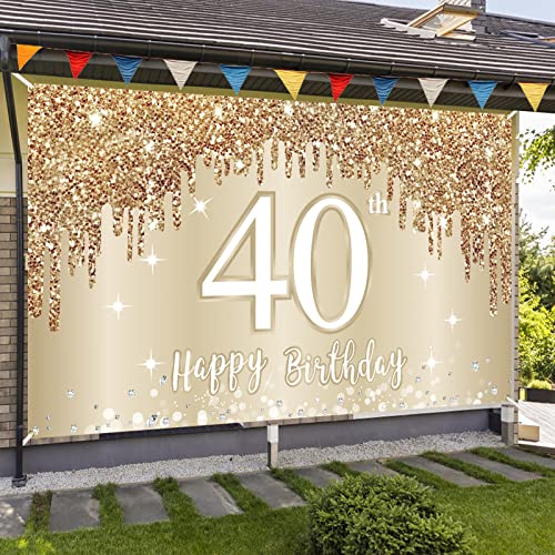 Happy 40th Birthday Banner Backdrop Decorations for Women, Gold White 40 Birthday Sign Party Supplies, Forty Year Old Birthday Photo Booth Background Poster Decor(72.8 x 43.3 Inch)