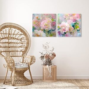 Wynwood Studio Floral and Botanical Modern Canvas Wall Art La Bloomia Set Living Room Bedroom and Bathroom Home Decor 30 in x 30 in Pink and Blue