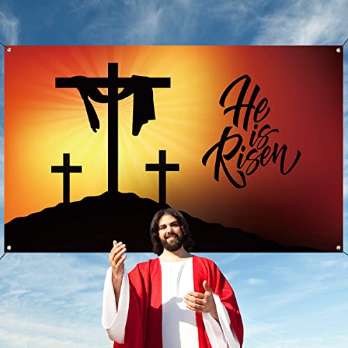 Nepnuser He is Risen Photo Booth Backdrop Christian Cross Easter Decoration Jesus Resurrection Indoor Outdoor Wall Decor-5.9×3.6ft