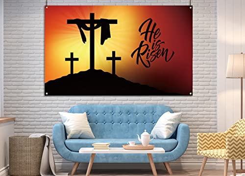 Nepnuser He is Risen Photo Booth Backdrop Christian Cross Easter Decoration Jesus Resurrection Indoor Outdoor Wall Decor-5.9×3.6ft