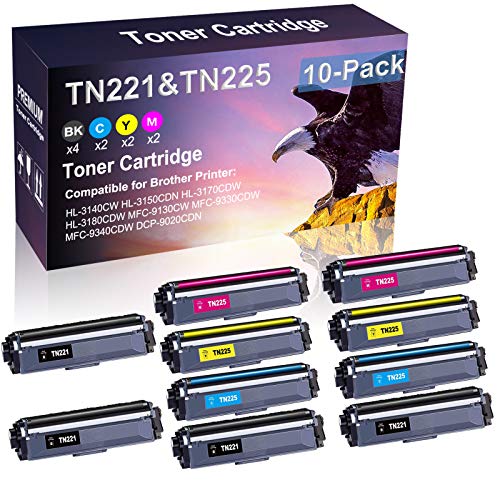 10 Pack (BK+C+Y+M) Compatible HL-3180CDW MFC-9130CW MFC-9330CDW Laser Printer Toner Cartridge Replacement for Brother TN221 | TN225 | TN225 Printer Toner Cartridge (High Capacity)