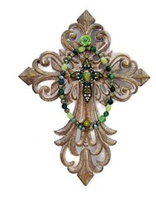 upscaled green rose beaded wall cross decor, wood hand beaded cross, office home church cross, upscaled religious art, christian gift