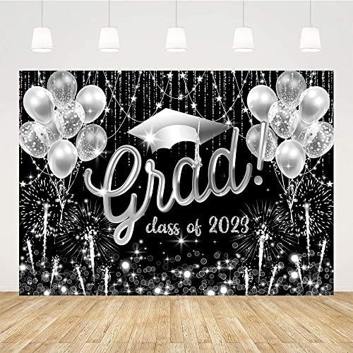 Ticuenicoa 7x5ft Silver Black Congrats Grad Backdrop for Photoshot Class of 2023 Congratulations Graduation Party Decor Silver Photography Background Prom Photo Booth Props Dessert Table Banner