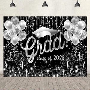 Ticuenicoa 7x5ft Silver Black Congrats Grad Backdrop for Photoshot Class of 2023 Congratulations Graduation Party Decor Silver Photography Background Prom Photo Booth Props Dessert Table Banner