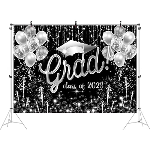 Ticuenicoa 7x5ft Silver Black Congrats Grad Backdrop for Photoshot Class of 2023 Congratulations Graduation Party Decor Silver Photography Background Prom Photo Booth Props Dessert Table Banner