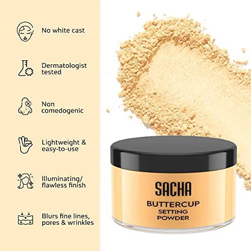 Sacha BUTTERCUP Setting Powder. No Ashy Flashback. Blurs Fine Lines and Pores. Loose, Translucent Face Powder to Set Makeup Foundation or Concealer. For Medium to Dark Skin Tones, 1.25 oz.