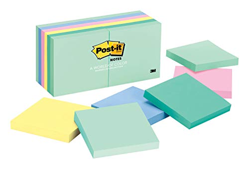 Post-it Notes, 3x3 in, 12 Pads, America's #1 Favorite Sticky Notes, Beachside Café Collection, Pastel Colors (654-5UC)